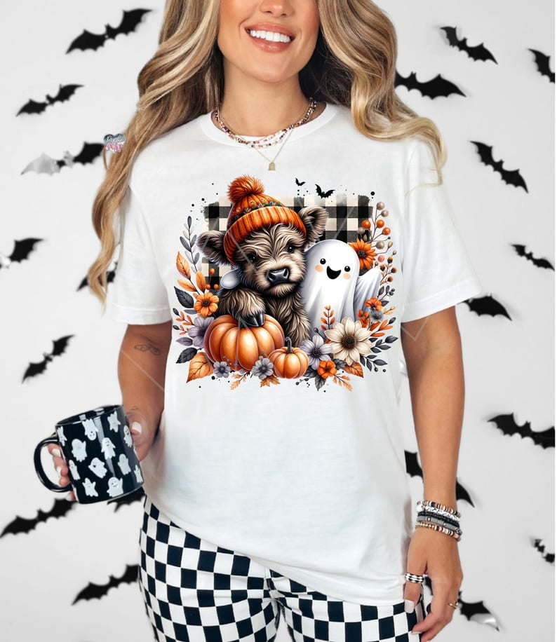 Cute Highland Cow Ghost Halloween T-Shirt, Spooky Season Fall Shirt ...