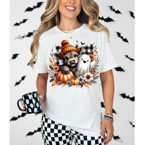 Cute Highland Cow Ghost Halloween T-Shirt, Spooky Season Fall Shirt ...