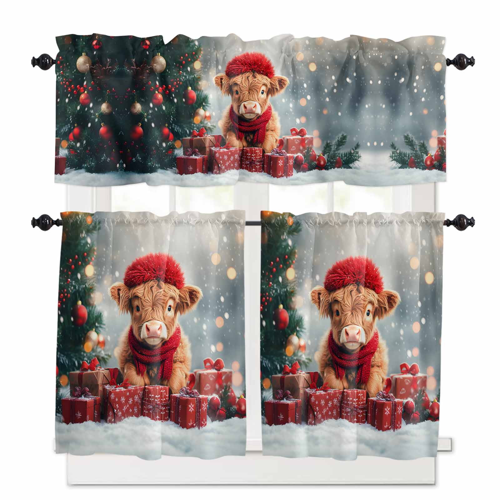 Cute Highland Cow Kitchen Curtains and Valances Set, Christmas Winter ...