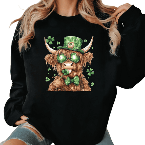 Cute Highland Cow Lover Shamrock Animal Print Graphic Sweatshirt Black ...