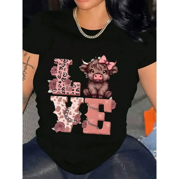 Cute Highland Cow Print Valentine's Day LOVE Graphic Women Short Sleeve ...