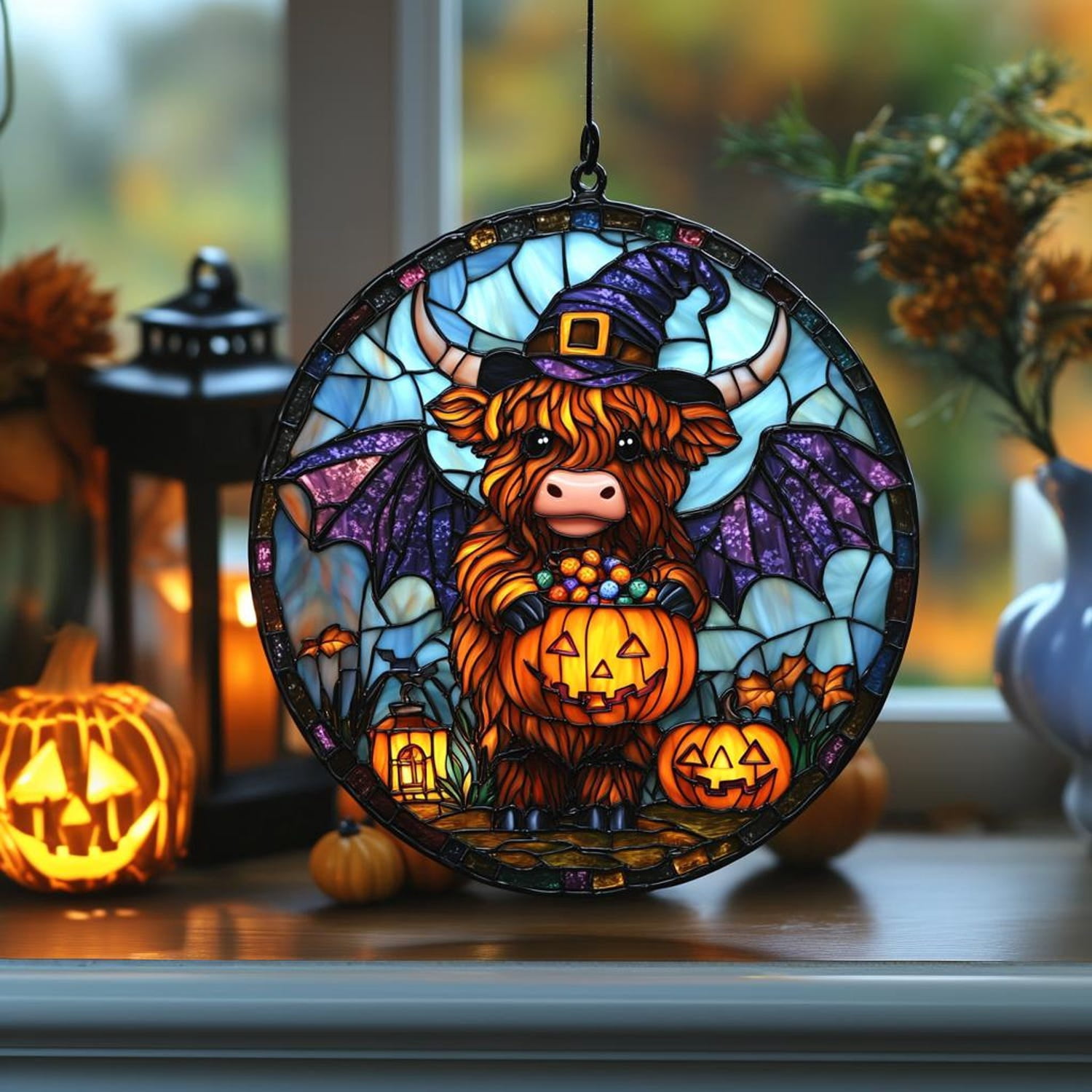 Cute Highland Cow Pumpkin Witch Acrylic Faux Stained Glass Suncatcher ...