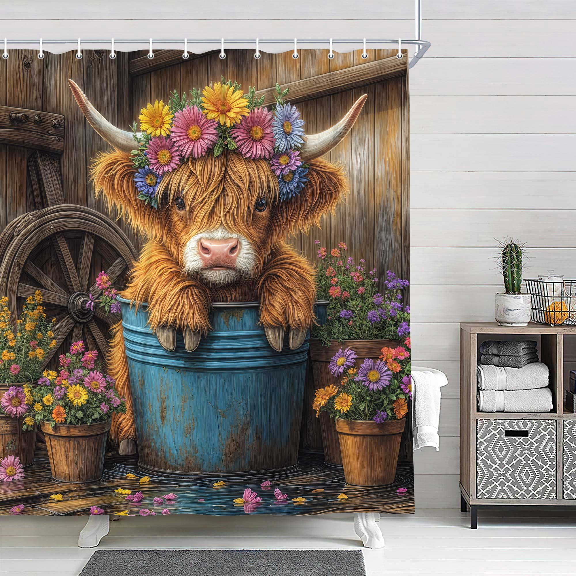Cute Highland Cow Shower Curtain, Farmhouse Brown Wooden Barn Door ...