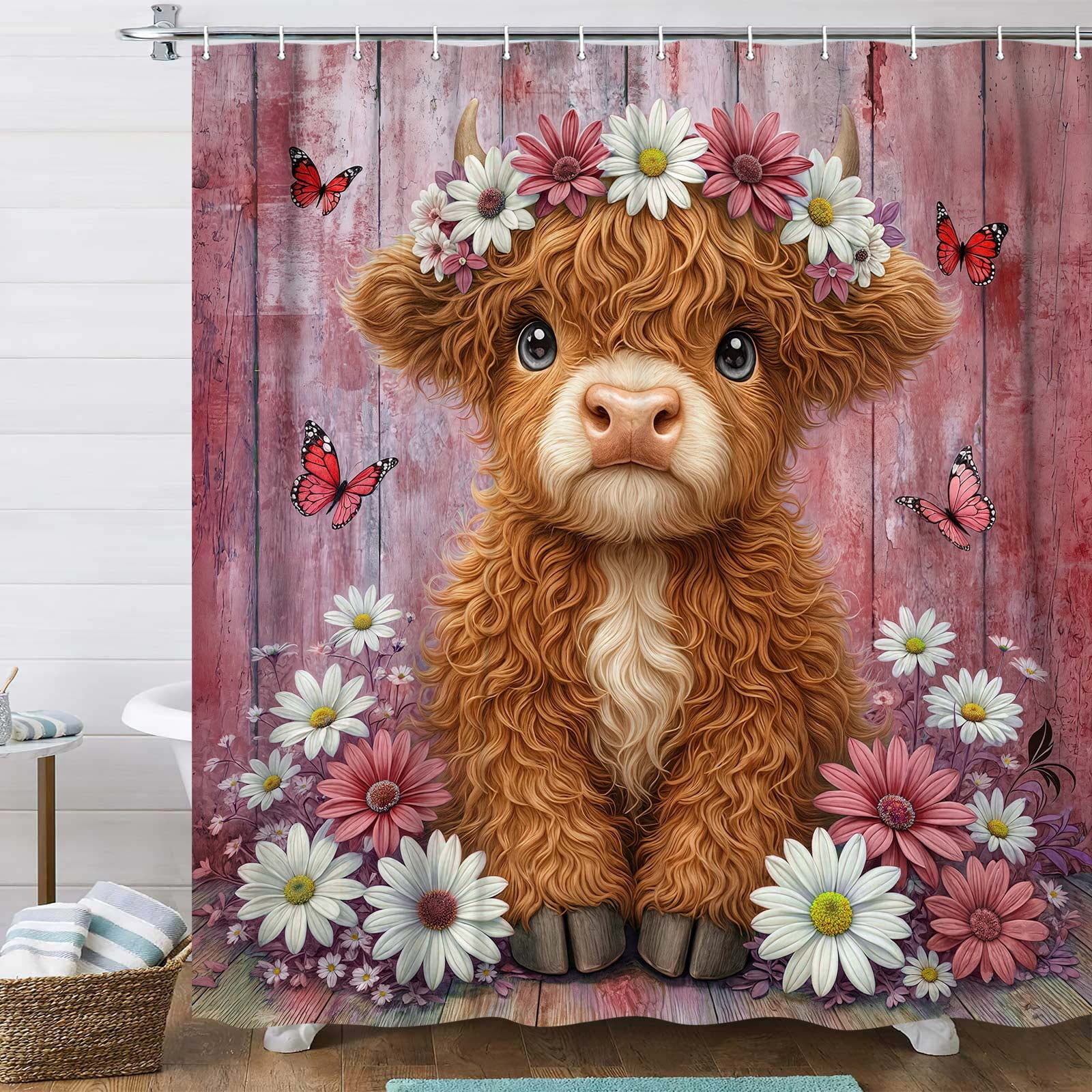 Cute Highland Cow Shower Curtain - Farmhouse Pink Daisy Waterproof Bath ...