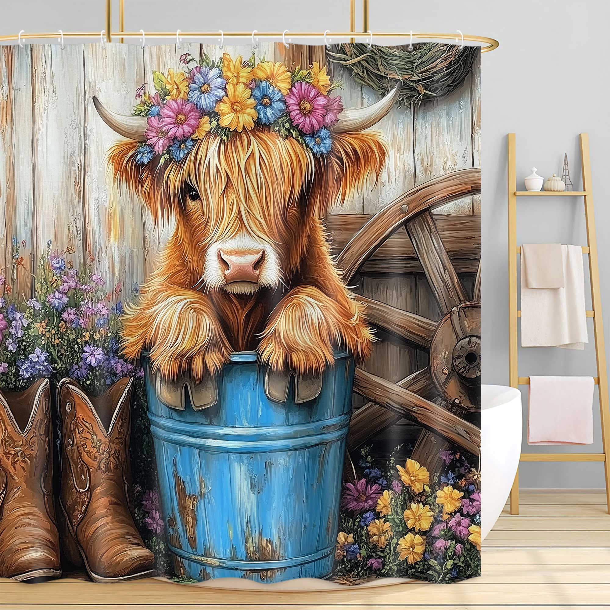 Cute Highland Cow Shower Curtain, Farmhouse Rustic Sunflower Cattle ...
