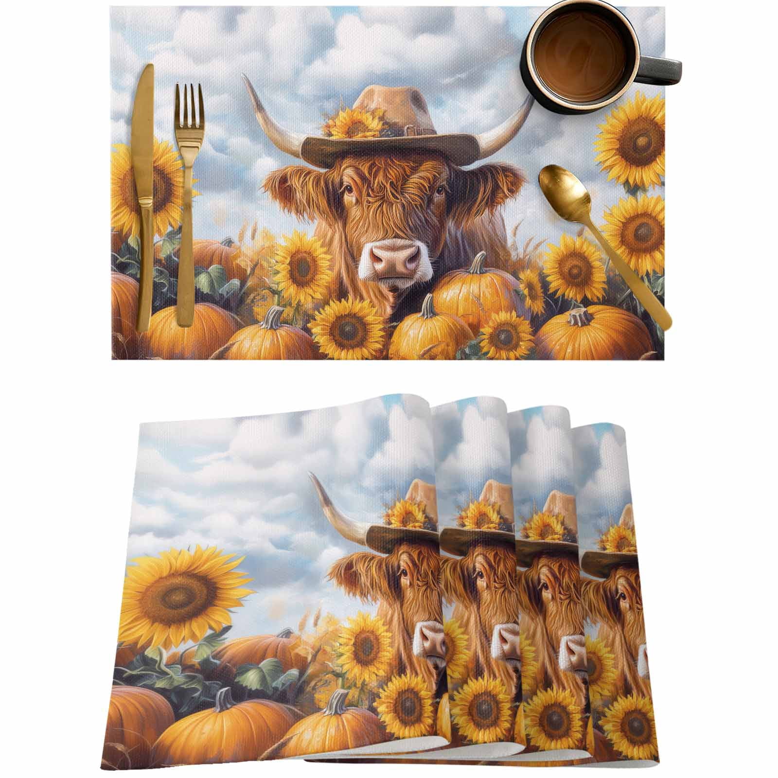 Cute Highland Cow Sunflower Watercolor Placemats Set of 4,Wipeable ...