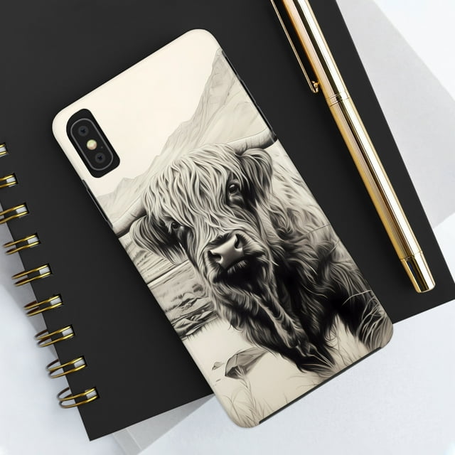 Cute Highland Cow iPhone Cases, Western Charcoal-Sketched Cow Phone ...