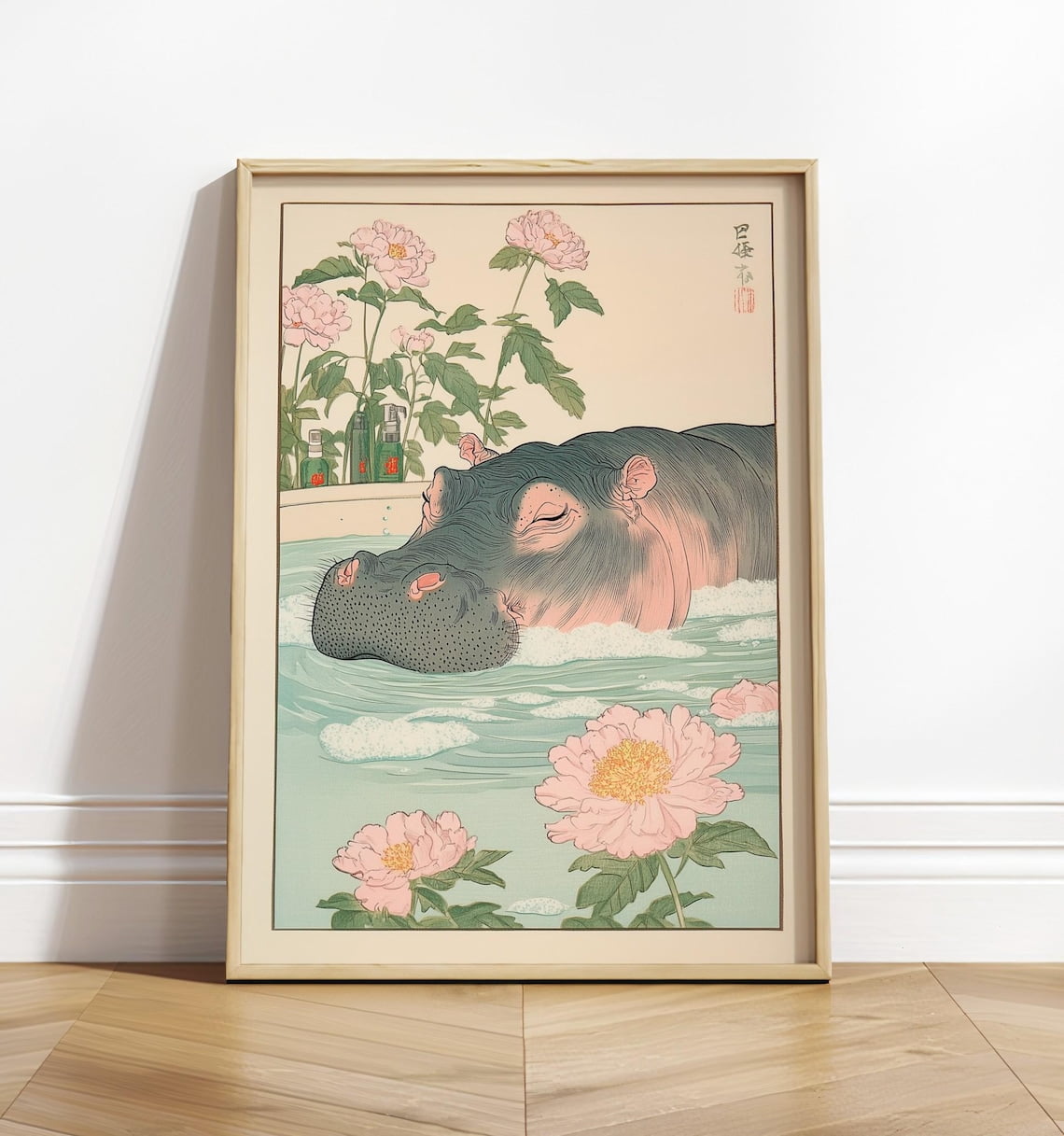 Cute Hippo In Bathtub, Japanese Bathroom Wall Art, Relaxing Ukiyo-E ...