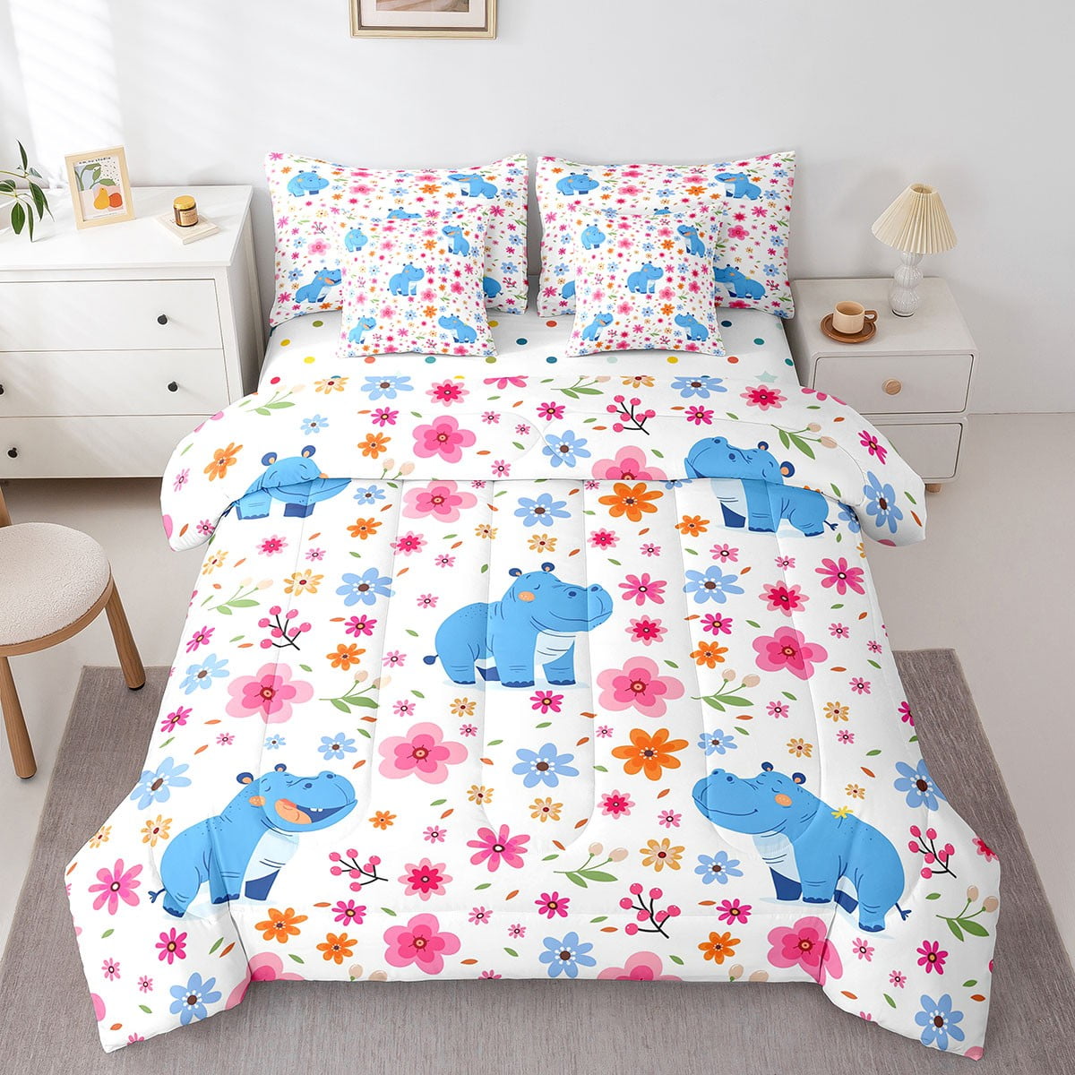 Cute Hippo Bedding Comforter Sets 7pcs Girly Pink Floral Twin Bedding ...