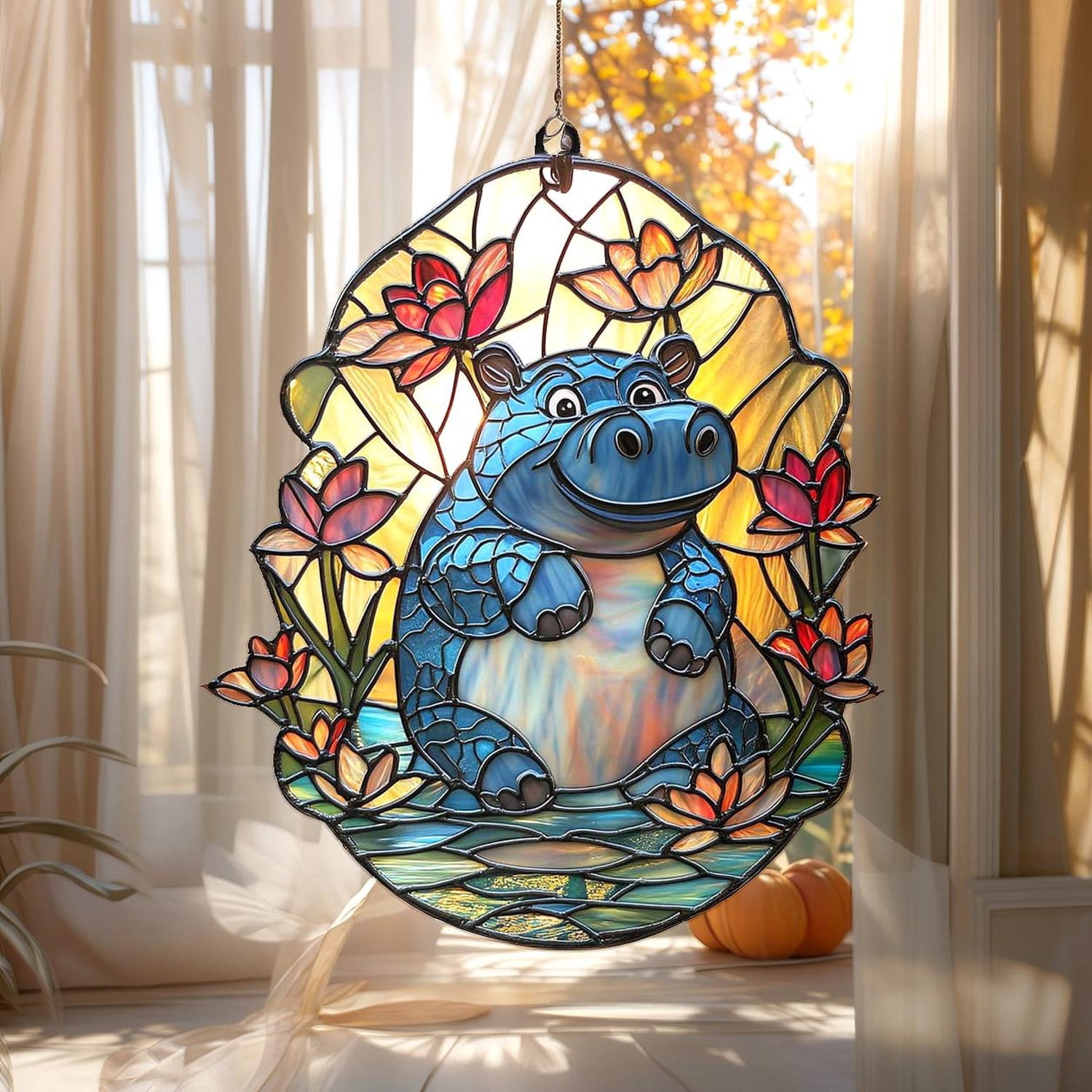Cute Hippo Faux Stained Glass Suncatcher – Blue Acrylic Window Hanging ...