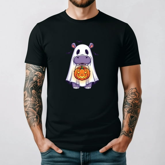 Cute Hippo Ghost With A Pumpkin Funny Halloween Art Unisex T-Shirt up ...