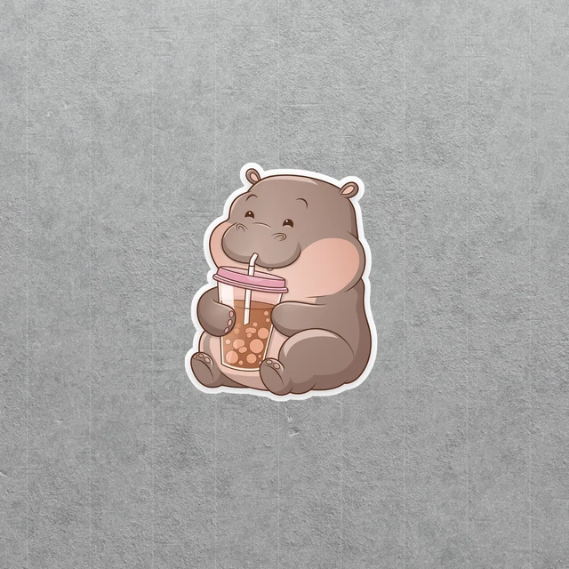 Cute Hippopotamus Drinking Boba Tea Animal Vinyl Stickerphone Decal ...