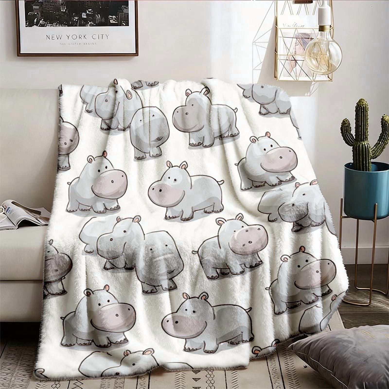Cute Hippopotamus Patterned Blanket | Soft Flannel Polyester Throw for ...