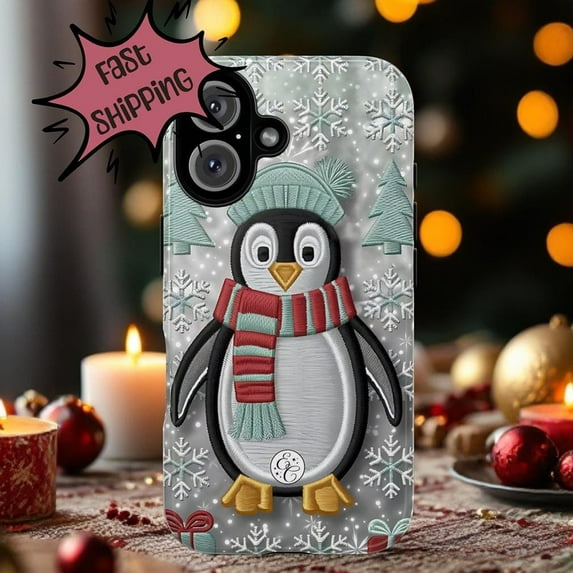 Cute Holiday Penguin Art Tough Phone Case for iPhone 17 through 11 Pro ...