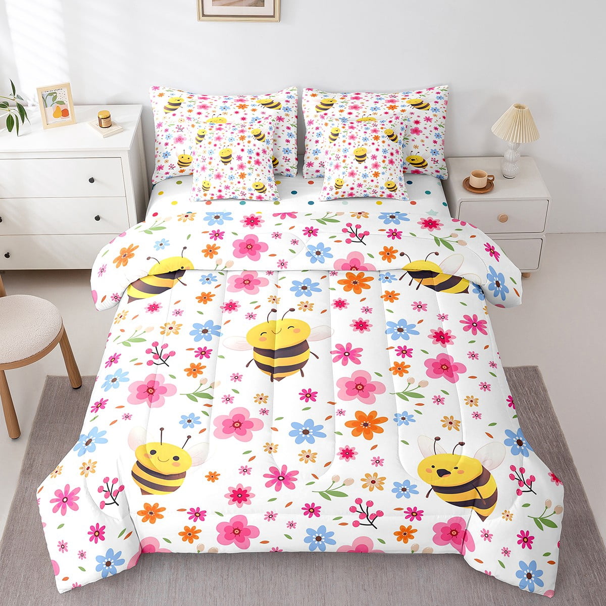Cute Honey Bee Bedding Comforter Sets 7pcs Girly Pink Floral Twin ...