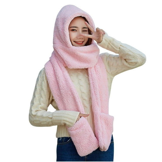 Cute Hooded Scarf for Women Cold Weather Fleece Soft Hoodie Hat Plush ...