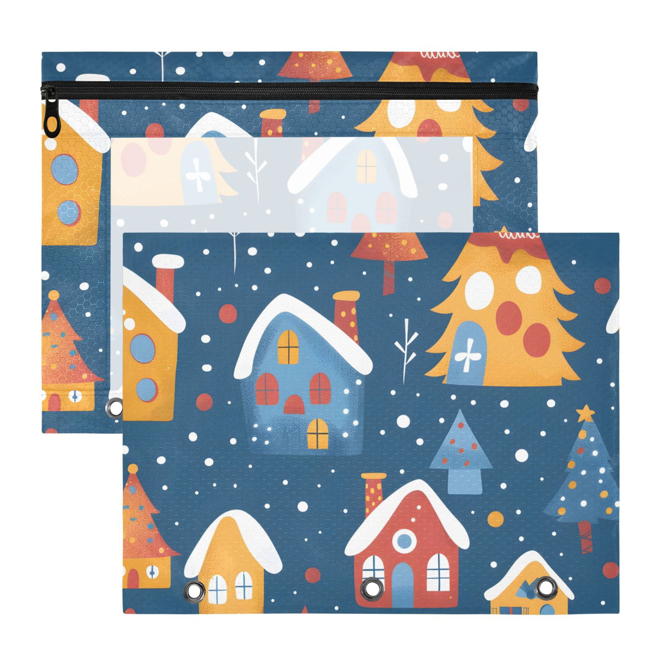 Cute Houses Trees Snow in Winter 3-Ring Binder Pouches A4 Size Zipper ...