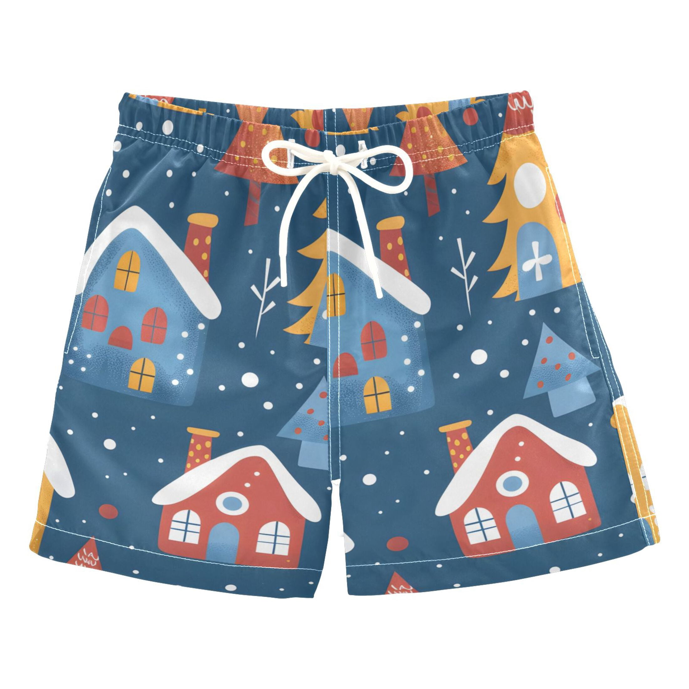 Cute Houses Trees Snow in Winter Boys' Swim Trunks Board Shorts Beach ...