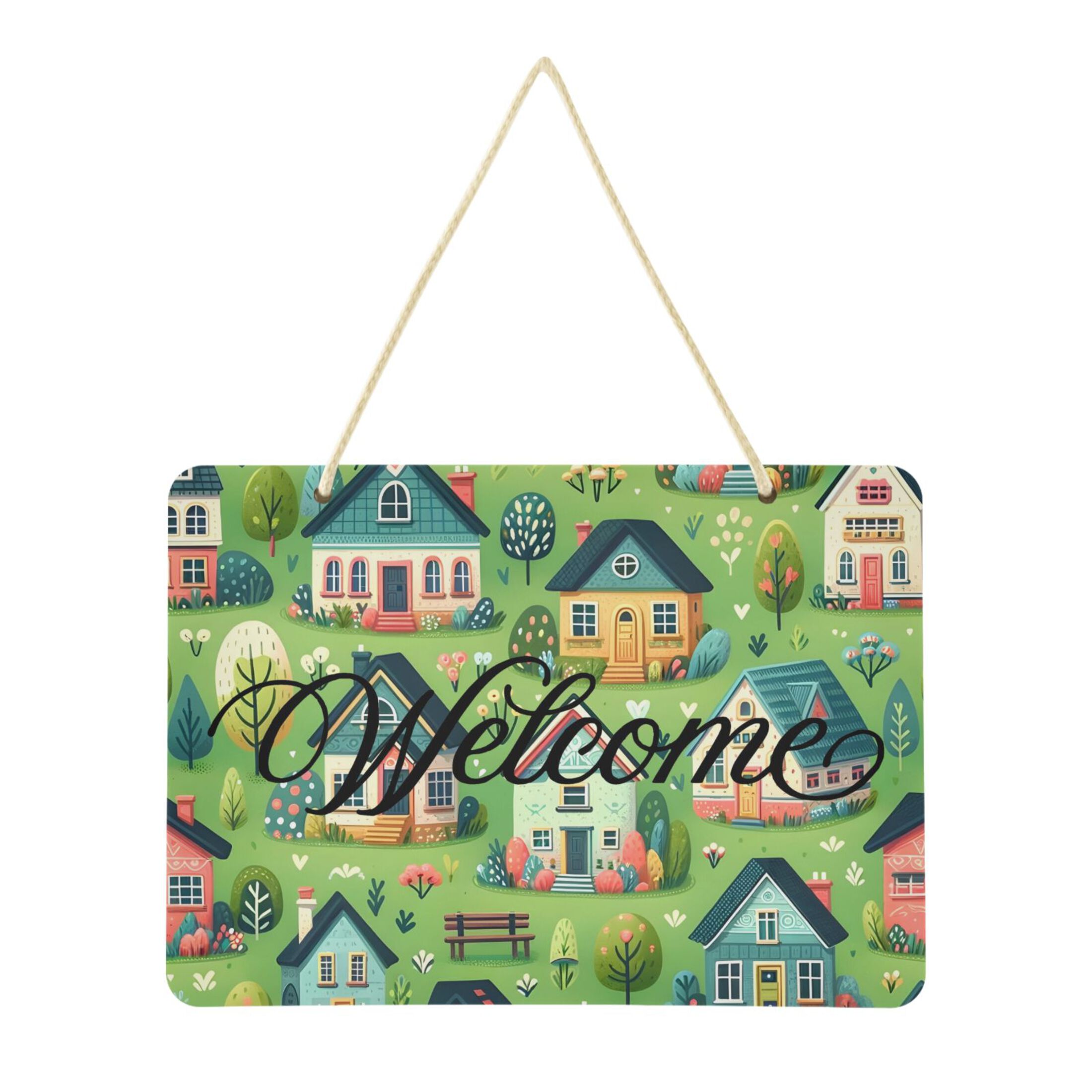 Cute Houses on Lawn Welcome Sign Front Door PVC 14x10 inch Hanger Hello ...