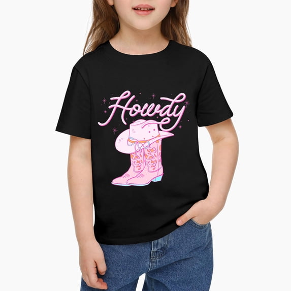 Cute Howdy Pink Cowgirl Boot Hat Western Rodeo Shirt 𝓴𝓲𝓭𝓼 Black T-Shirt ...