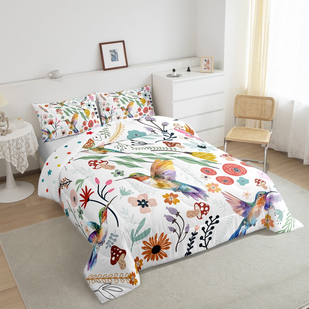 Cute Hummingbird Comforter Set Mushroom Floral Queen Bedding Sets for ...