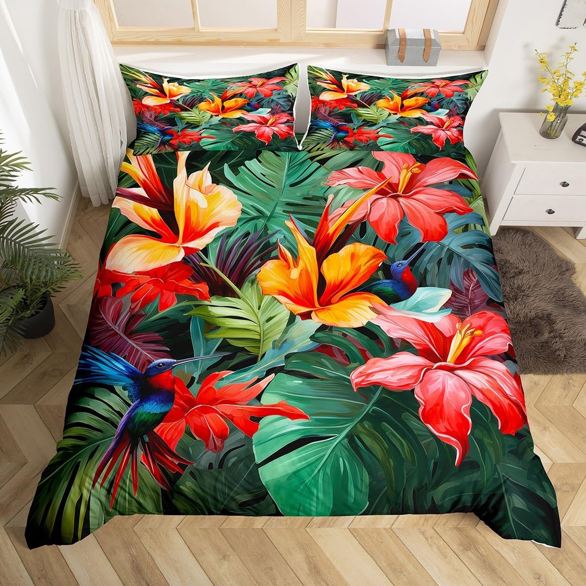 Cute Hummingbird Duvet Cover Set,Palm Leaf Floral Bedding Set,Tropical ...