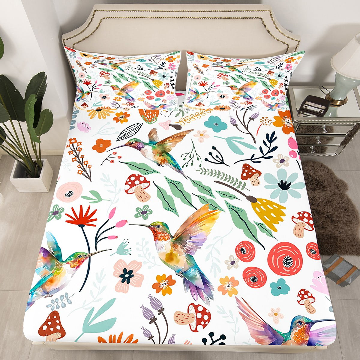 Cute Hummingbird Fitted Sheet Mushroom Floral Queen Bed Sheets,Cartoon ...