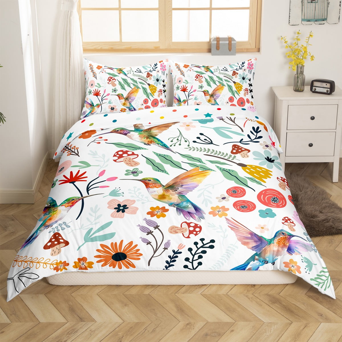 Cute Hummingbird Full Bedding Sets for Boys,Mushroom Floral Comforter ...