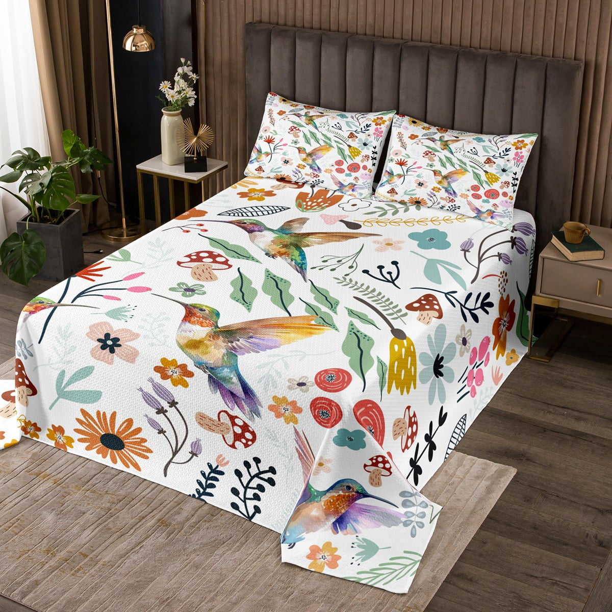 Cute Hummingbird Quilt Set Mushroom Floral Queen Bedspread Set,Cartoon ...