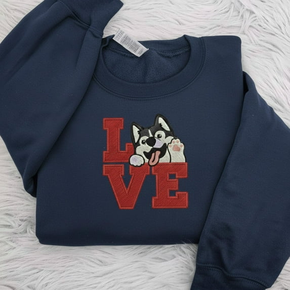 Cute Husky LOVE Embroidery Sweatshirt, Valentine Cute Puppy Embroidered ...