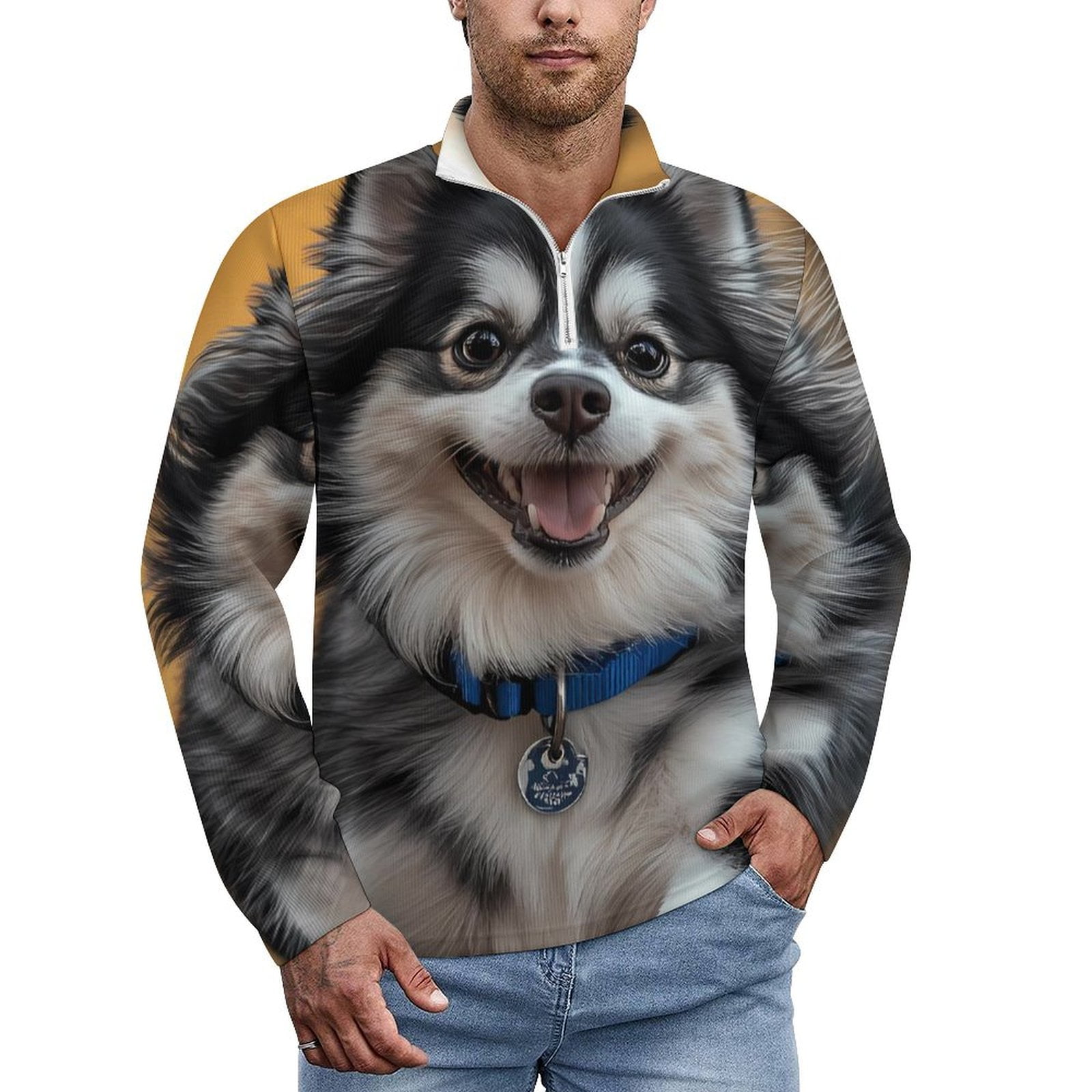 Cute Husky Puppy Dog Men's Sweaters 1/4 Zip Pullover Polo Sweaters Fall ...