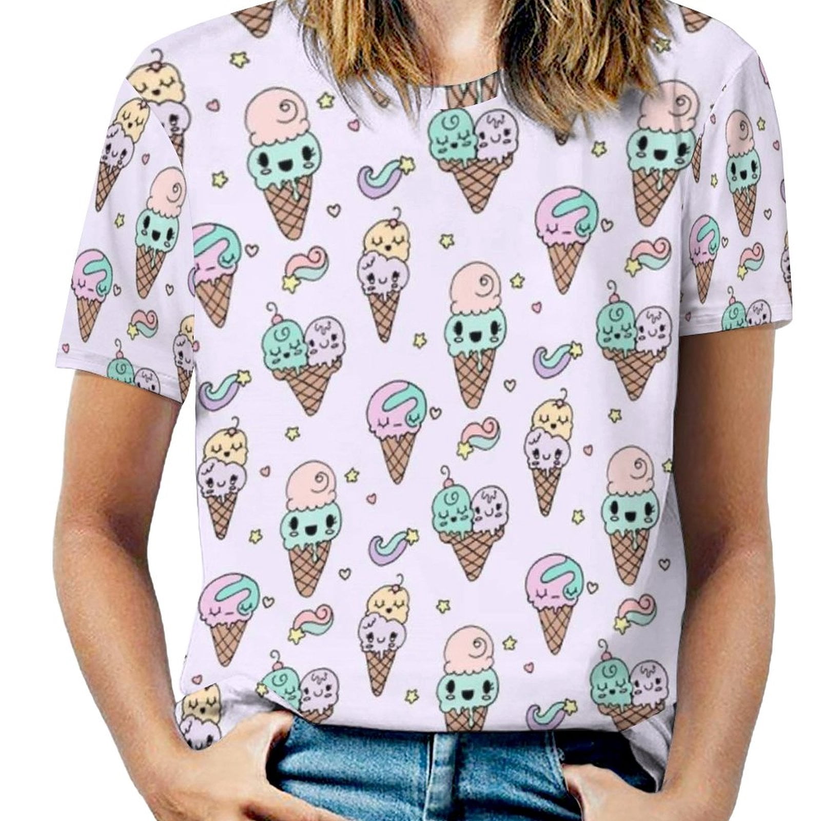 Cute Ice Ice Cream Women Short Sleeve Tops O-Neck Hollow Out Shoulder ...