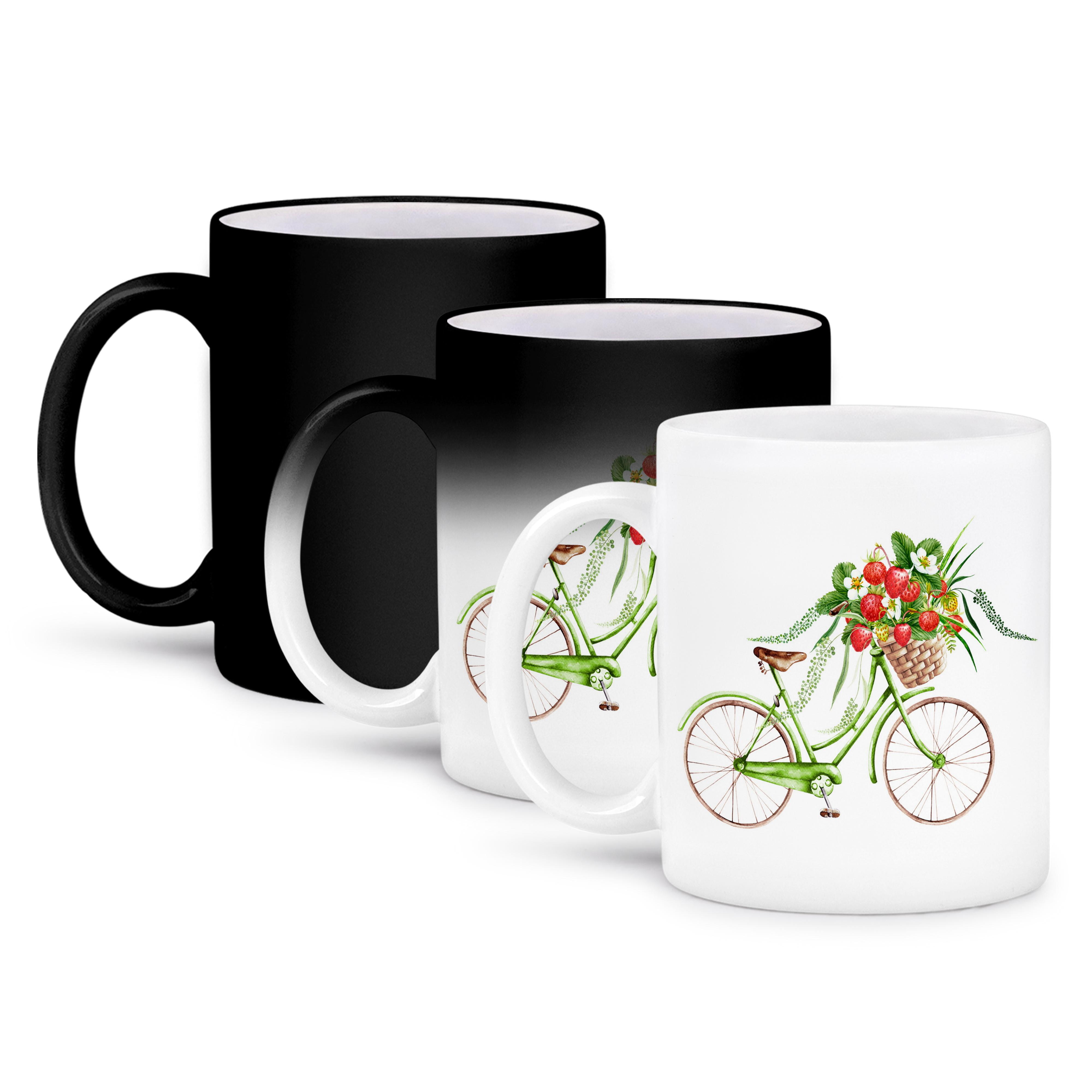 Cute Image Of Watercolor Green Bike With Basket Of Strawberries, 11oz Magic Transforming Mug ...