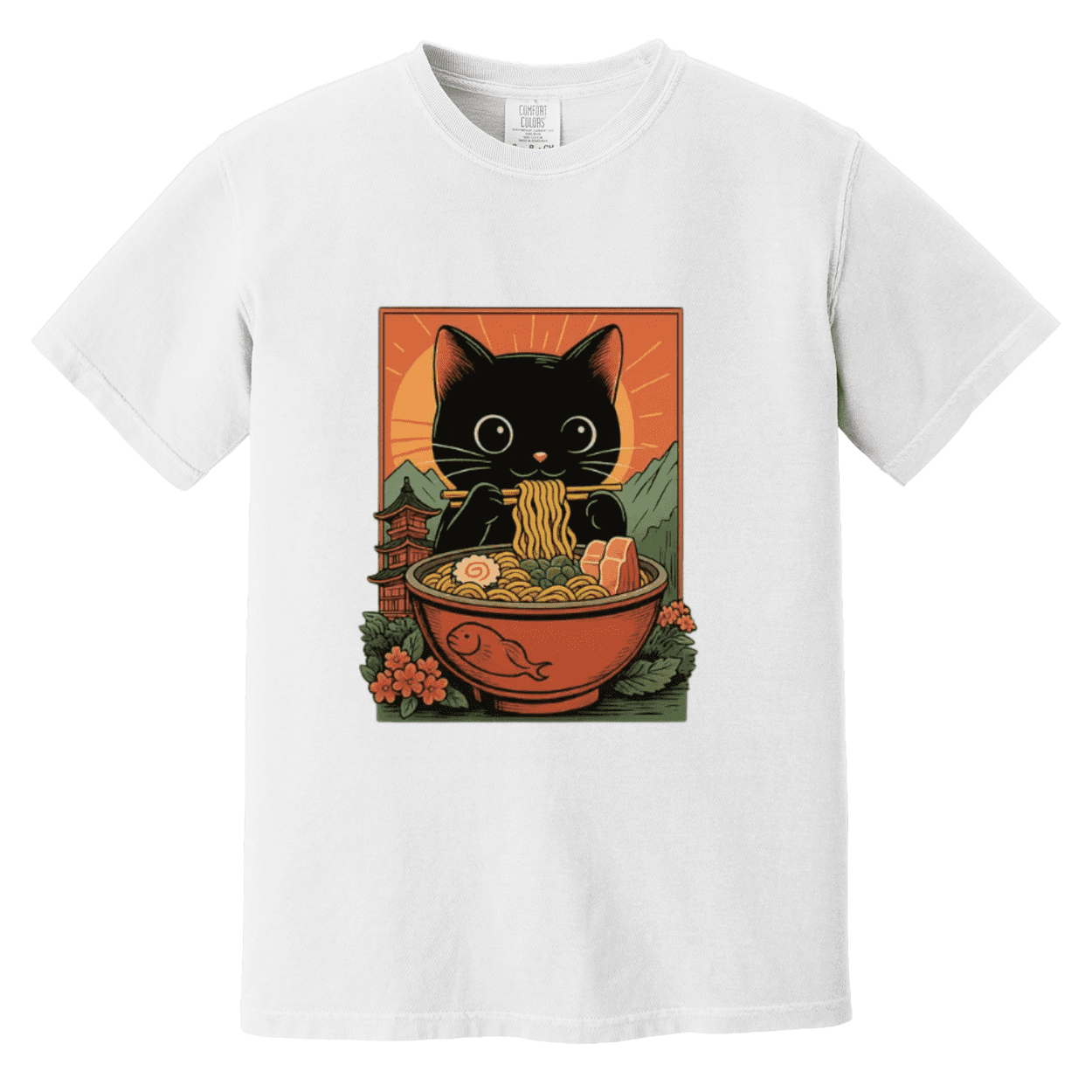 Cute Japanese Ramen Cat Cartoon Foodie Graphic Print Comfort Color T ...