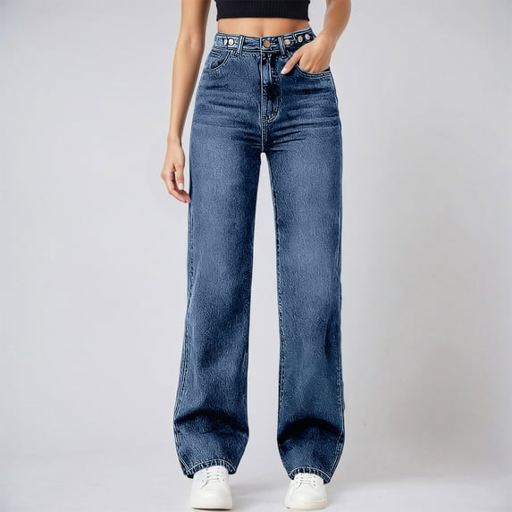 Cute Jeans for Women High Waisted Blue Jeans Straight Leg Jeans Wide ...