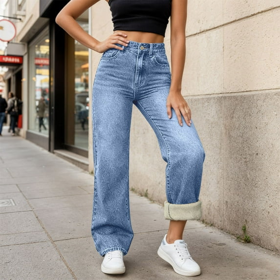 Cute Jeans for Women High Waisted Fleece Lined Jeans Straight Jeans ...