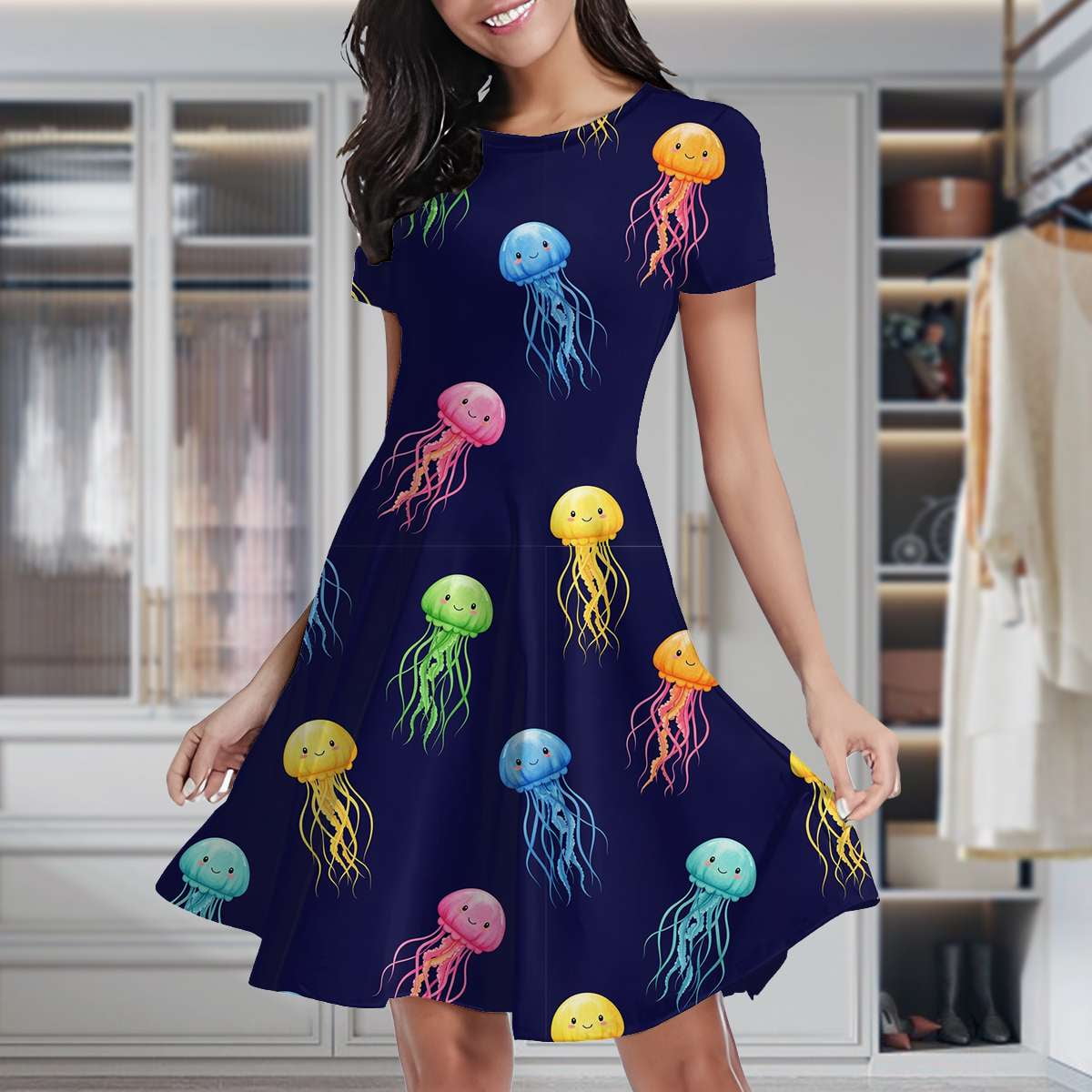 Cute Jellyfish Pattern Women's Classic Swing Skater Dress Casual Work ...