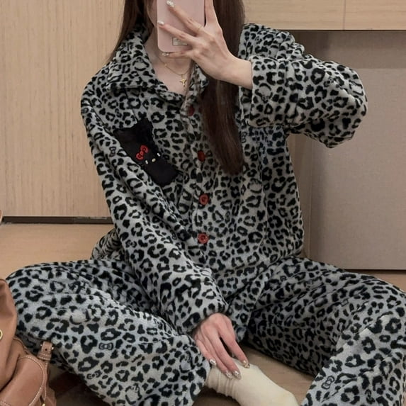 Cute KT Cat Flannel Pajama 2-piece Set （Long Sleeves Top+pants） Women ...