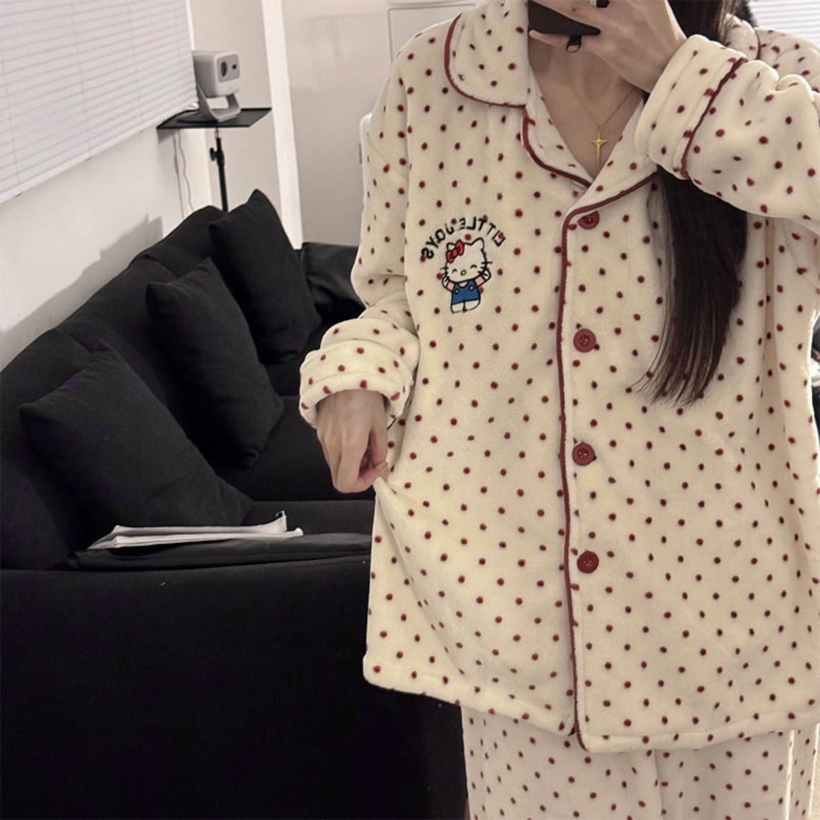 Cute KT Cat Flannel Pajama 2-piece Set （Long Sleeves Top+pants） Women ...
