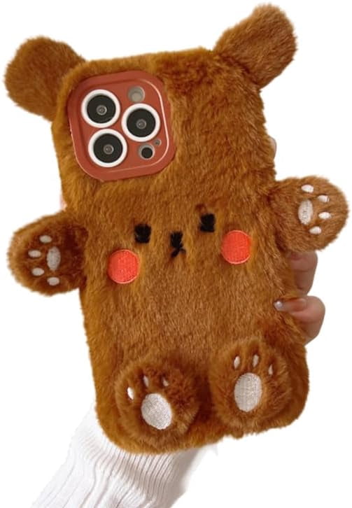 Cute Kawaii 3D Bear Furry Warm Plush Compatible with iPhone Case (Brown ...