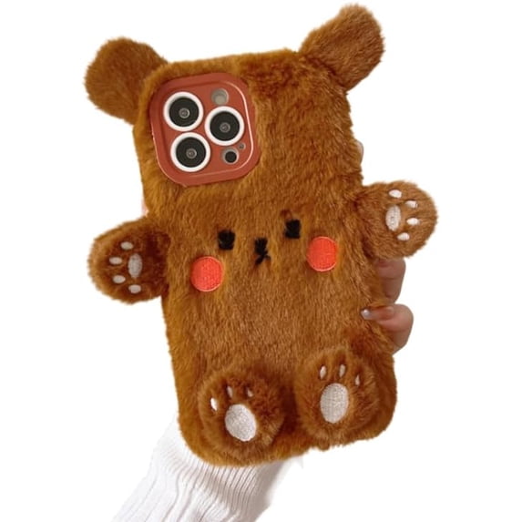 Cute Kawaii 3D Bear Furry Warm Plush Compatible with iPhone Case (Brown ...