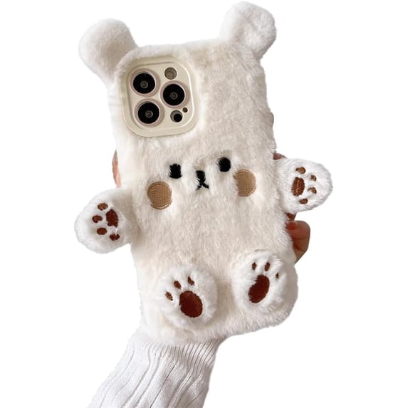 Cute Kawaii 3D Bear Furry Warm Plush Compatible with iPhone Case (White ...