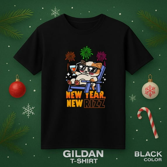 Cute Kawaii Cat New Year Rizz Meme Funny Holiday Retro Feline Unisex T ...
