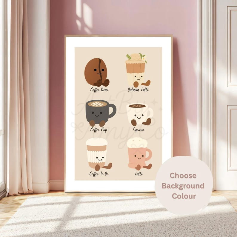 Cute Kawaii Coffee Characters Art Poster - 16x24 inches - UNFRAMED ...