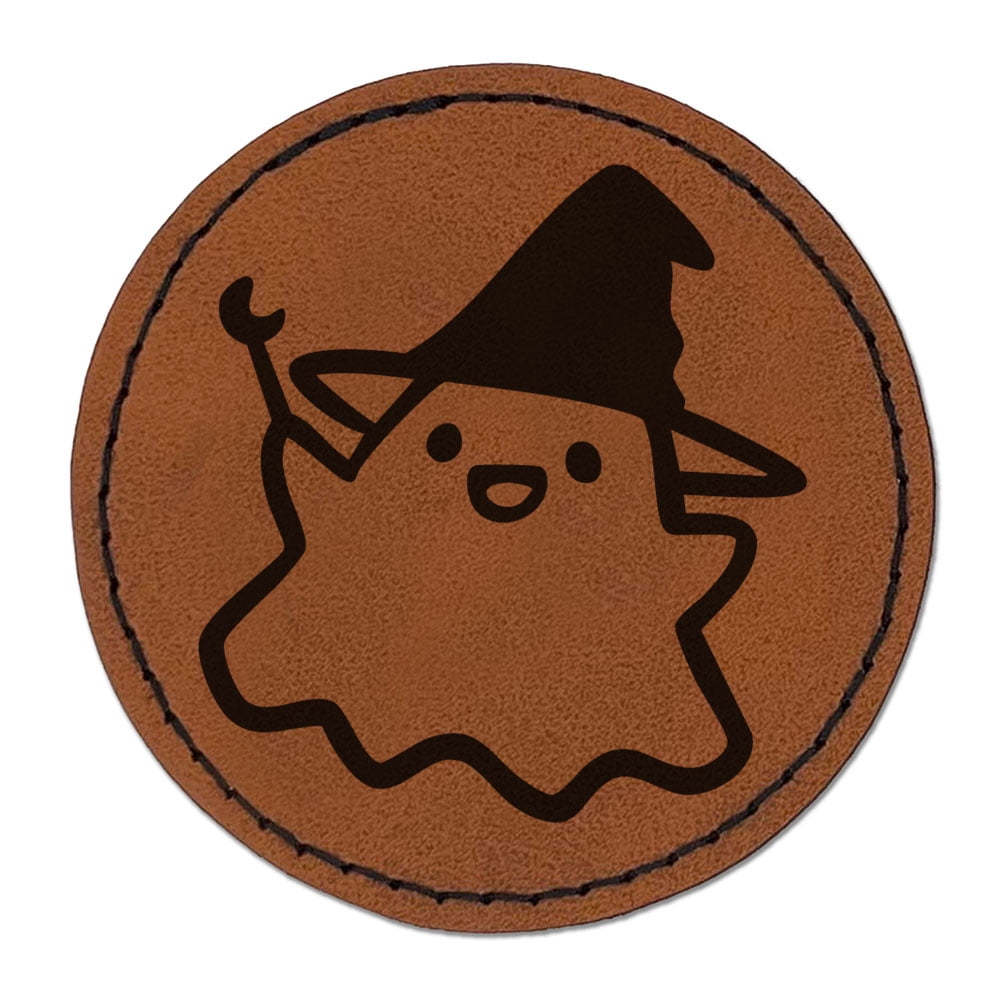 Cute Kawaii Ghost Witch Hat Wand Round Iron-On Engraved Faux Leather ...