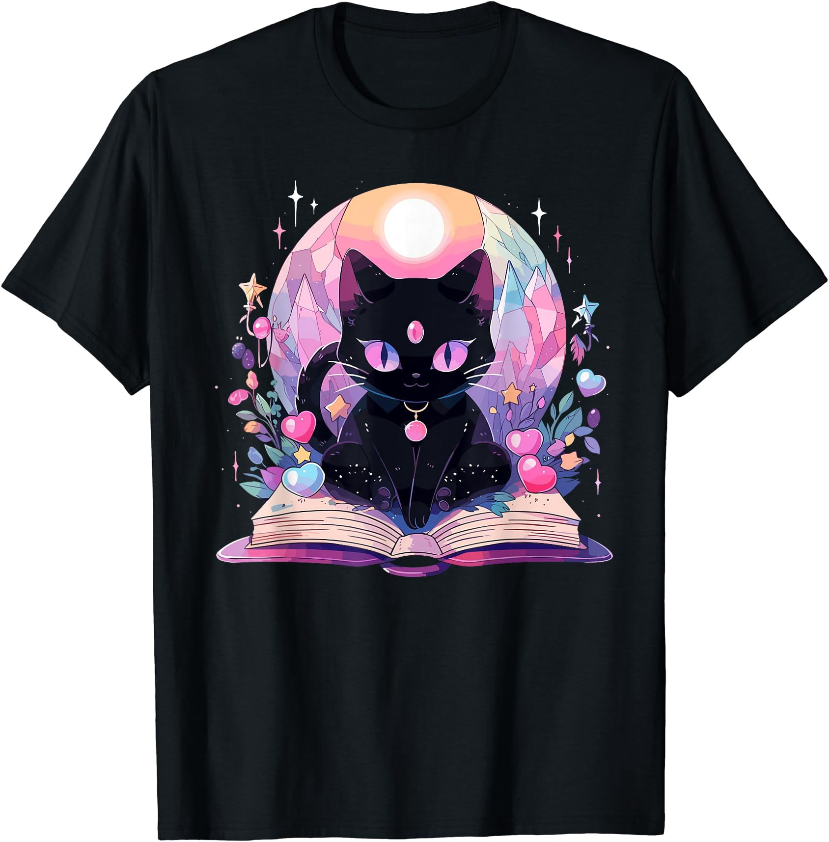 Cute Kawaii Pastel Goth Black Cat Crystal Book T-Shirt for Whimsical ...