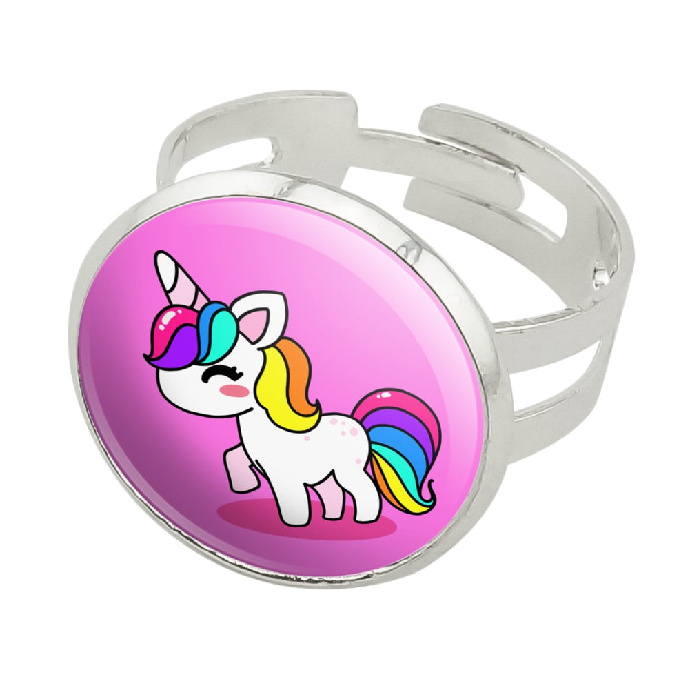 Cute Kawaii Rainbow Unicorn Chibi Silver Plated Adjustable Novelty Ring ...