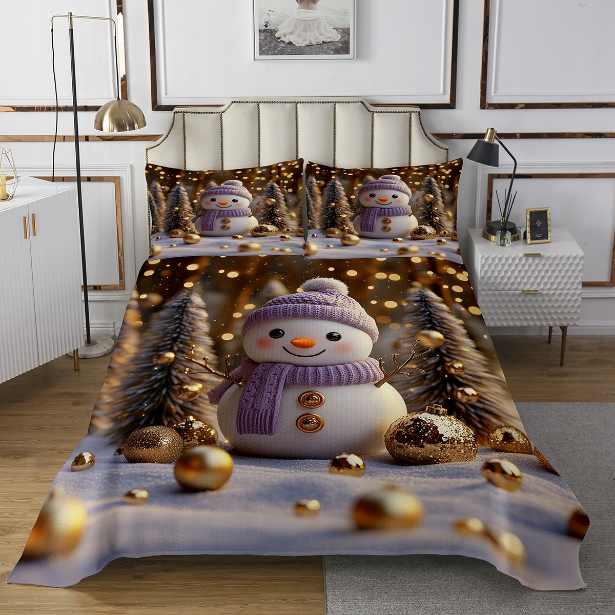 Cute Kawaii Snowman Coverlet Set King Golden Glitter Chriatmas Ball ...