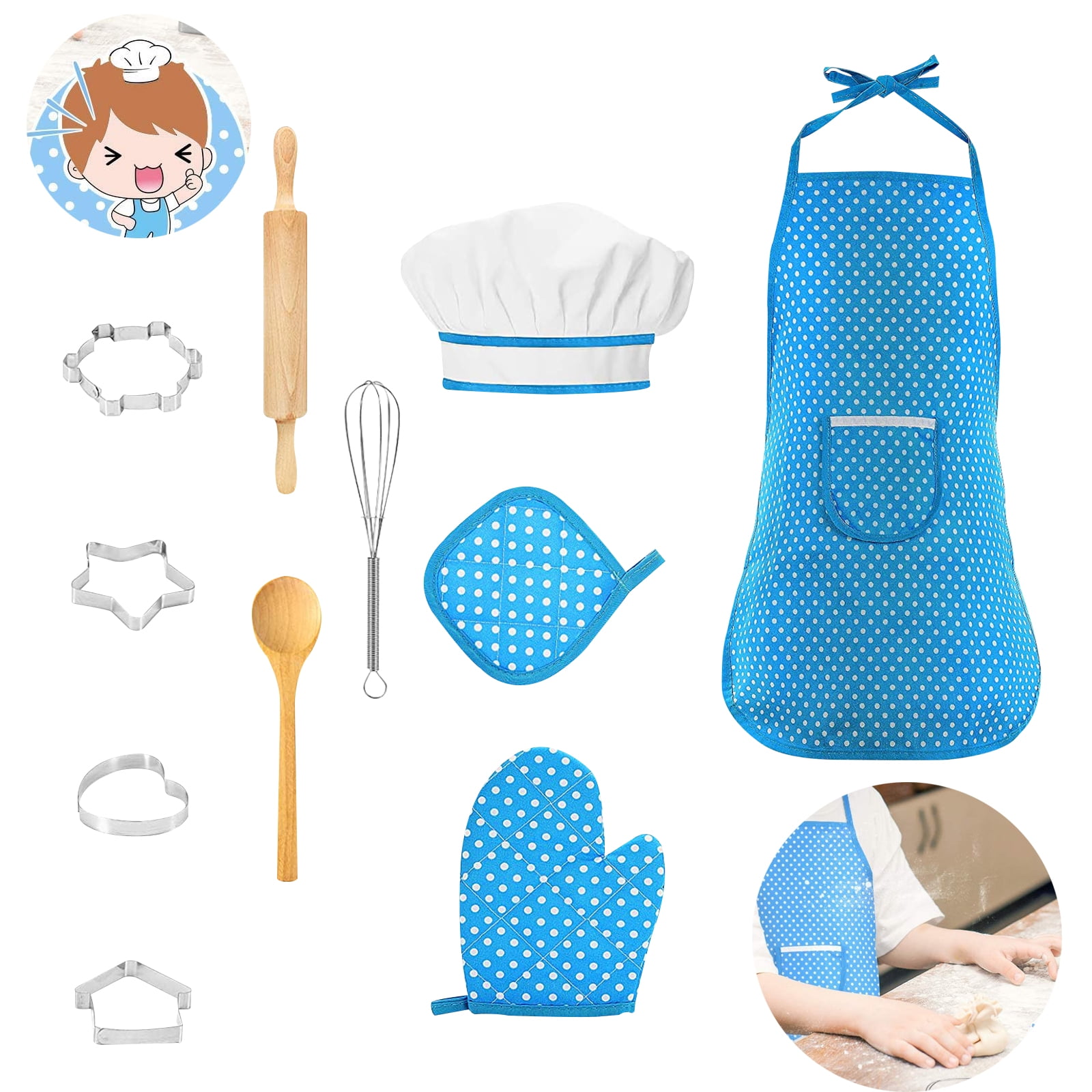 Cute Kids Aprons for Girls Boys, Chef Hat Apron (Blue) Dress Up Chef ...