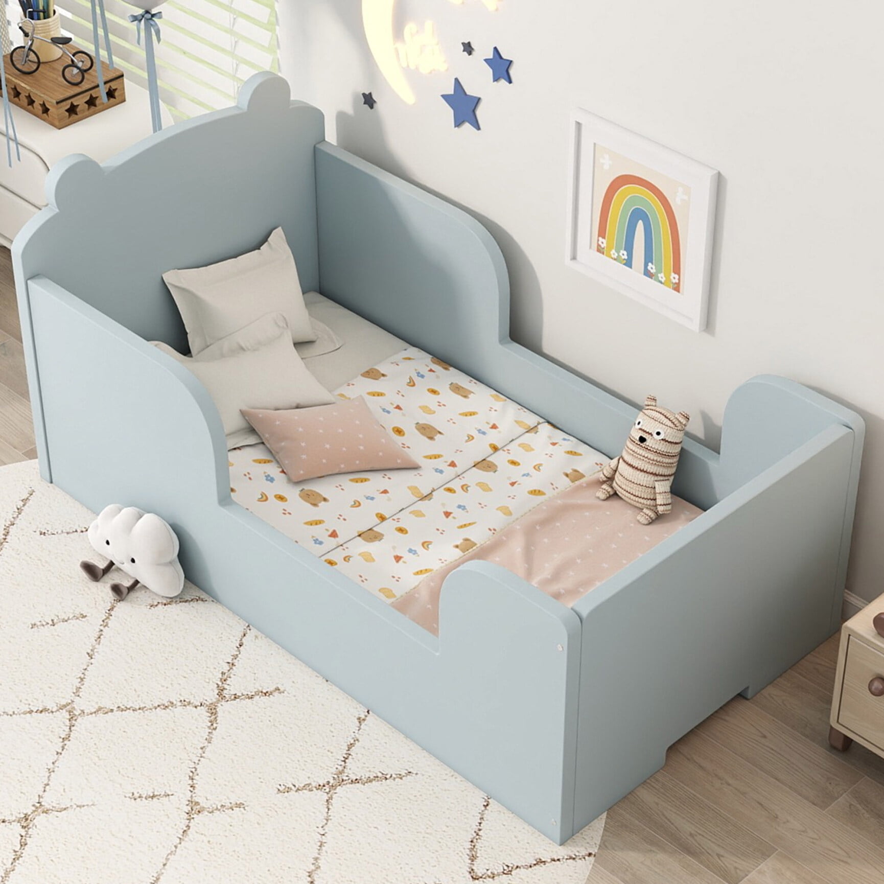 Cute Kids Floor Bed Daybed, Wood Bear Shaped Bed for Boys Girls, Safey Floor Daybed with ...
